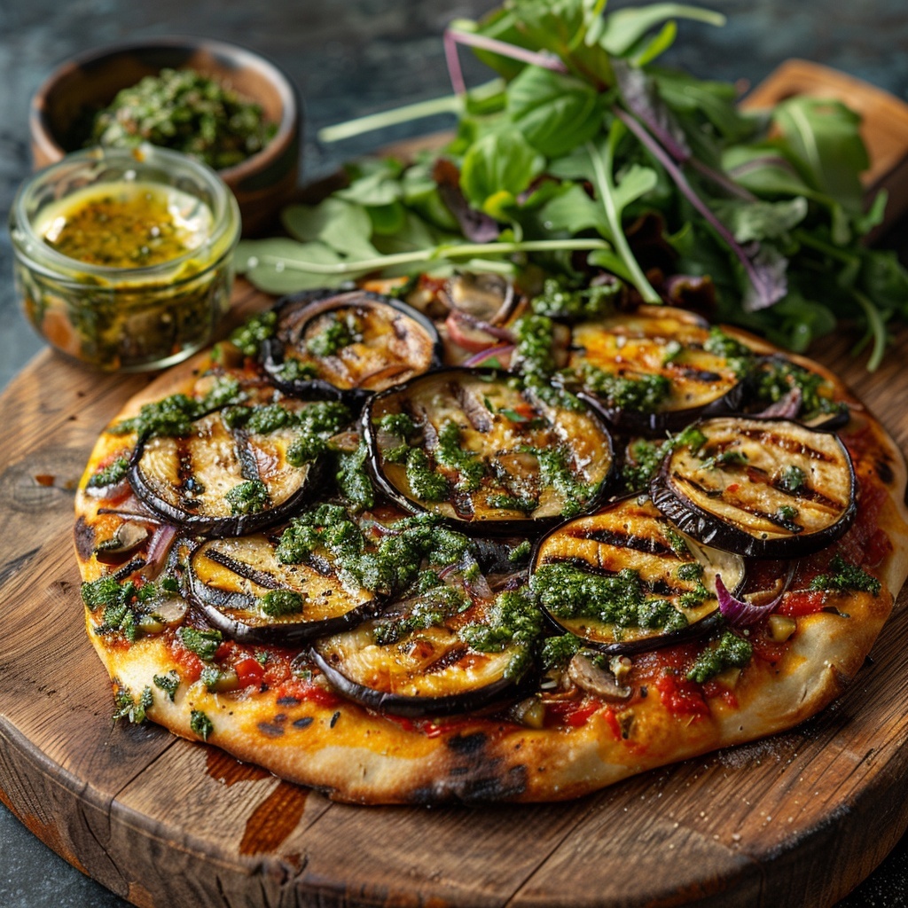 Heerlijke pizza met gegrilde aubergine, courgette en pesto - Recepten Pret